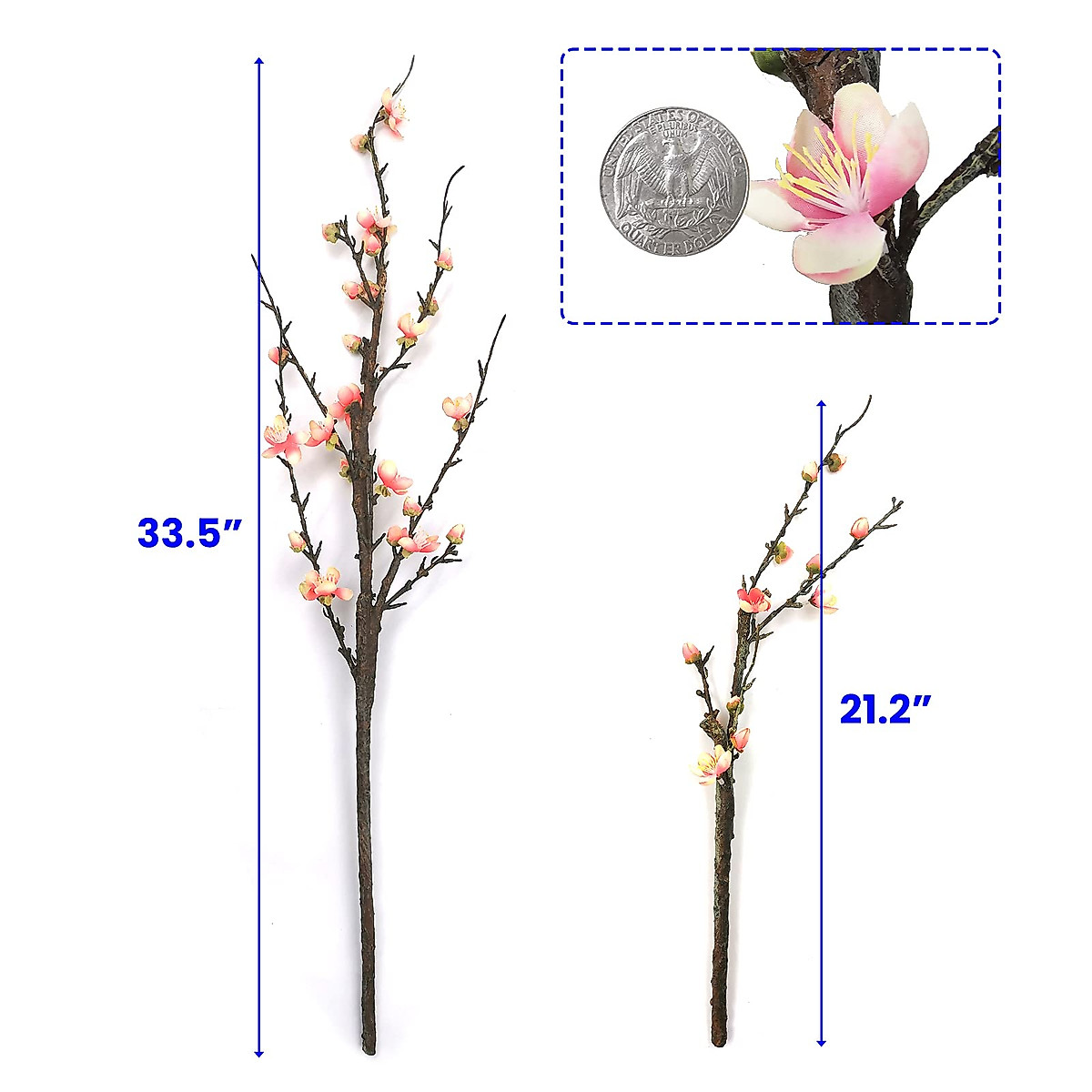 SNAIL GARDEN 2Pack Artificial Plum Blossom Flowers, Faux Long Stem Plum Blossom Bouquet with 13 Heads Full Bloom Plum & 23 Silk Flower Buds-Fake Plum Branches for Home Table Decoration (33.5", 21.2")