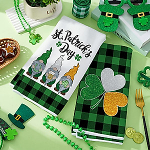 AnyDesign St. Patrick's Day Kitchen Towel 18 x 28 Inch Irish Color Gnome Shamrock Dish Towel 18 x 28 Inch Green Black Buffalo Plaids Hand Drying Tea Towel for Cooking Baking Cleaning Wipes, 2 Pack