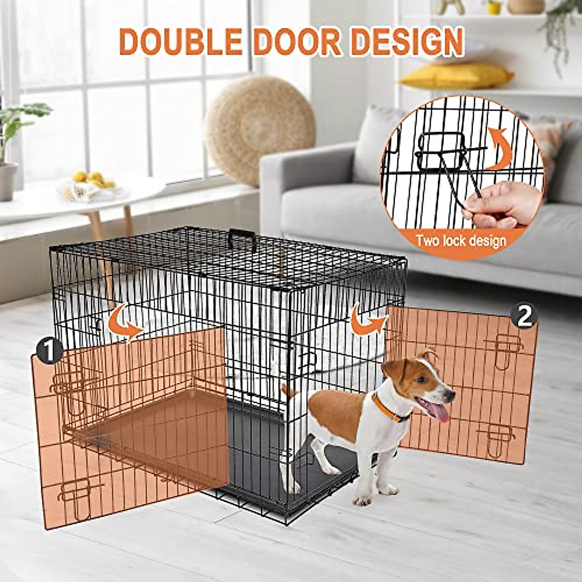 30/36/42Inches Double Door Dog Crate Folding Metal Wire Dog Kennel Cage with Tray for Small/Medium/Large Dogs Indoor Outdoor Travel Use