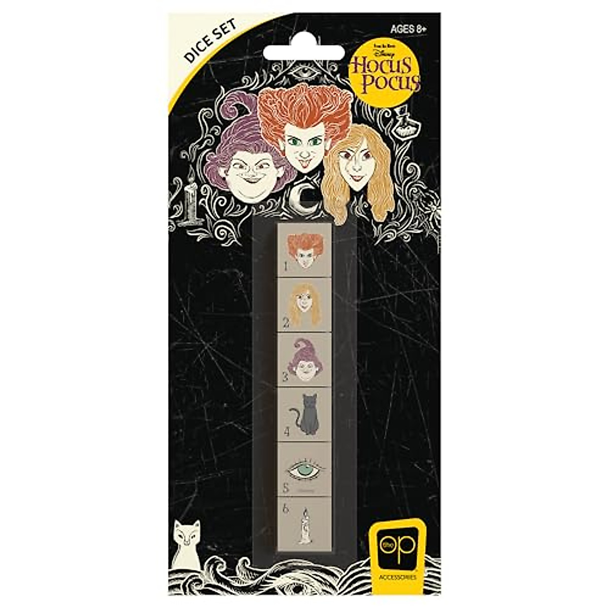 Hocus Pocus Dice Set | Collectible d6 Dice Featuring Characters & References - Sanderson Sisters (Winifred, Sarah, and Mary), Thackery Binx, Candle, and Book Eye | Officially Licensed 6-Sided Dice