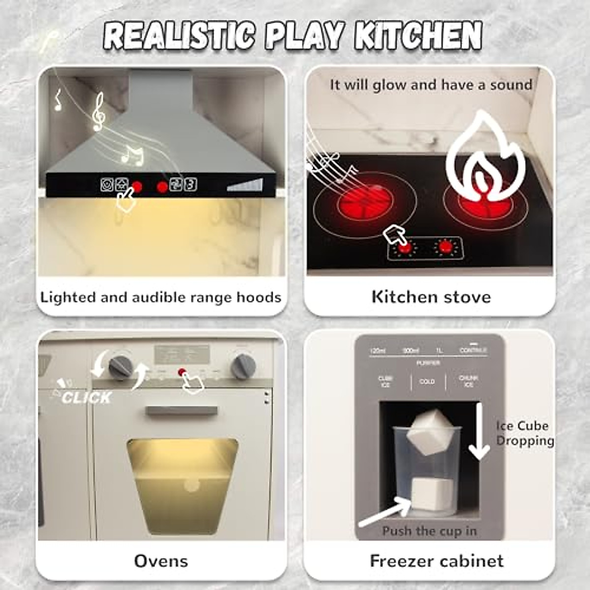 Wooden Play Kitchen Set for Kids, Toy Kitchen Playset with Real Lights and Sounds, Gift for Boys Girls Age 3+, Dimensions: 32” H x 28” W x 11” D (White)