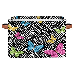 Large Collapsible Storage Bins ,Butterfly Zebra Pattern Decorative Canvas Fabric Storage Boxes Organizer with Handles，Rectangular Baskets Bin for Home Shelves Closet Nursery Gifts