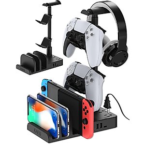 KAFRI Universal Stand for Headphone and Controller, Desk Gaming Headset Holder with USB A&C Chargers and 2 Outlets, Storage Organizer for Switch/Phone/iPad, Desktop Gamer Accessories Boyfriend Gifts