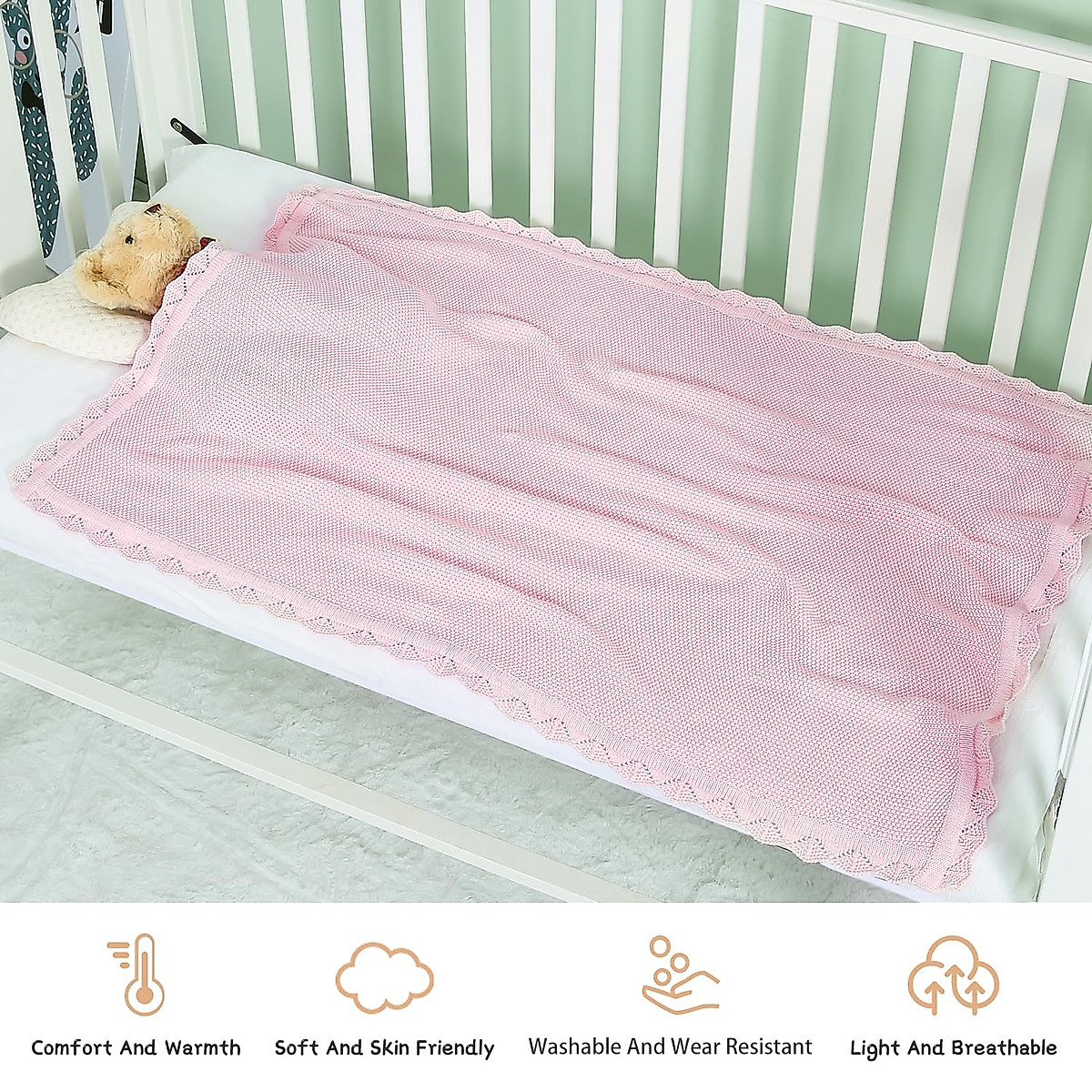 TRENDSTITCH 100% Cotton Baby Blanket Knit Soft Warm Lace Toddler Newborn Nursery Blanket,30 x 40 Inches, Light Pink