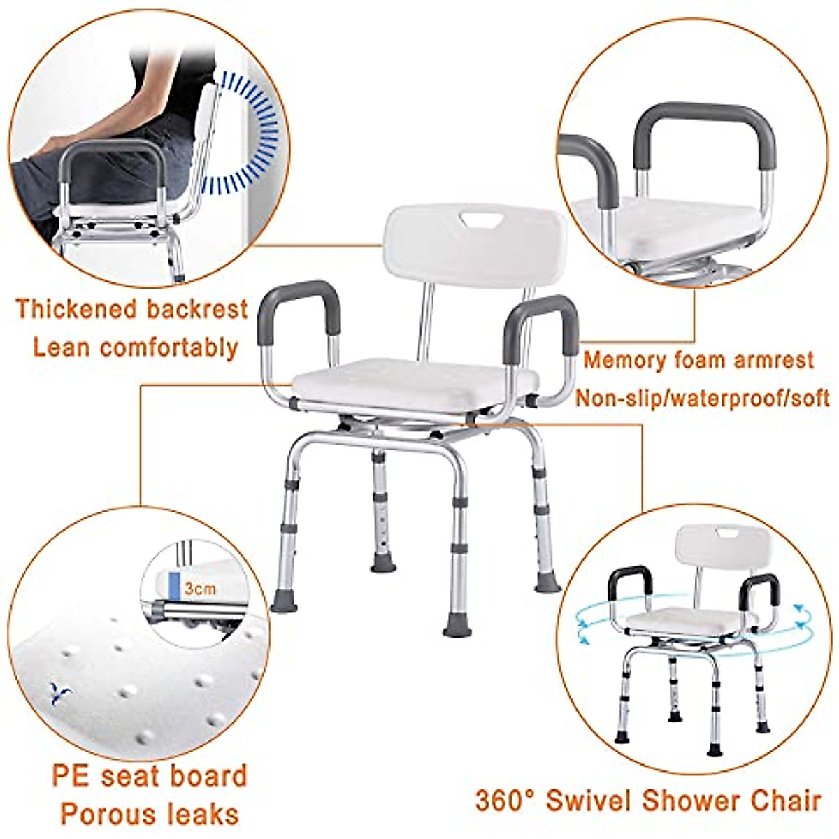 PAYRFV Pivoting Swivel Shower Chair for Elderly Seniors, 360° Bathtub Seat with Arms and Back Bath Stool Aid with Swivel Seat, Adjustable Height Shower Bench, Bathroom Bath Chair for Inside Shower