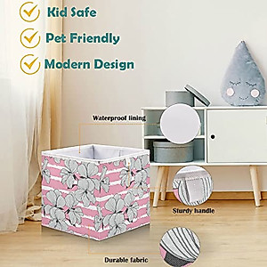 visesunny Closet Baskets Elegant Flower Pink Stripe Storage Bins Fabric Baskets for Organizing Shelves Foldable Storage Cube Bins for Clothes, Toys, Baby Toiletry, Office Supply