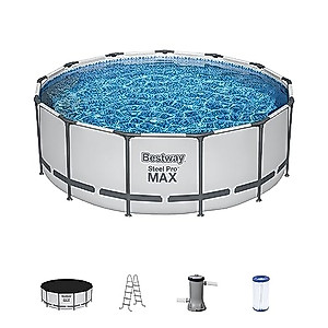 Bestway Steel Pro MAX 13 Foot x 48 Inch Round Metal Frame Above Ground Outdoor Swimming Pool Set with 1,000 Filter Pump, Ladder, and Cover