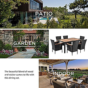 7 Pieces Outdoor Dining Set, Wicker Patio Dining Set for 6, All-Wheather Outdoor Table and Chairs with Acacia Wood Table Top and Cushions for Backyard, Garden, Poolside (Black)