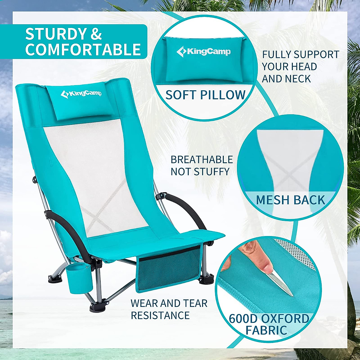 KingCamp Folding Beach Chair High Back Lightweight Portable Backpack Chair with Headrest, Cup Holder for Camping Outdoor Sand Concert Lawn Festival Sports, Cyan
