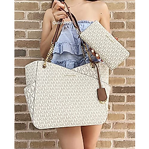 Michael Kors Jet Set Travel Large Chain Shoulder Tote Vanilla MK Signature Logo Bundled Jet Set Travel Continental Wristlet Vanilla Signature MK