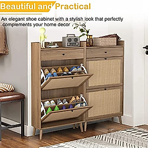 Pvillez Natural Rattan Shoe Cabinet with 2 Flip Drawers, Rattan Shoe Storage Cabinet Organizer with Wood Legs, Narrow Free Standing Shoe Rack for Entryway, Bedroom, Living Room, Apartment Walnut