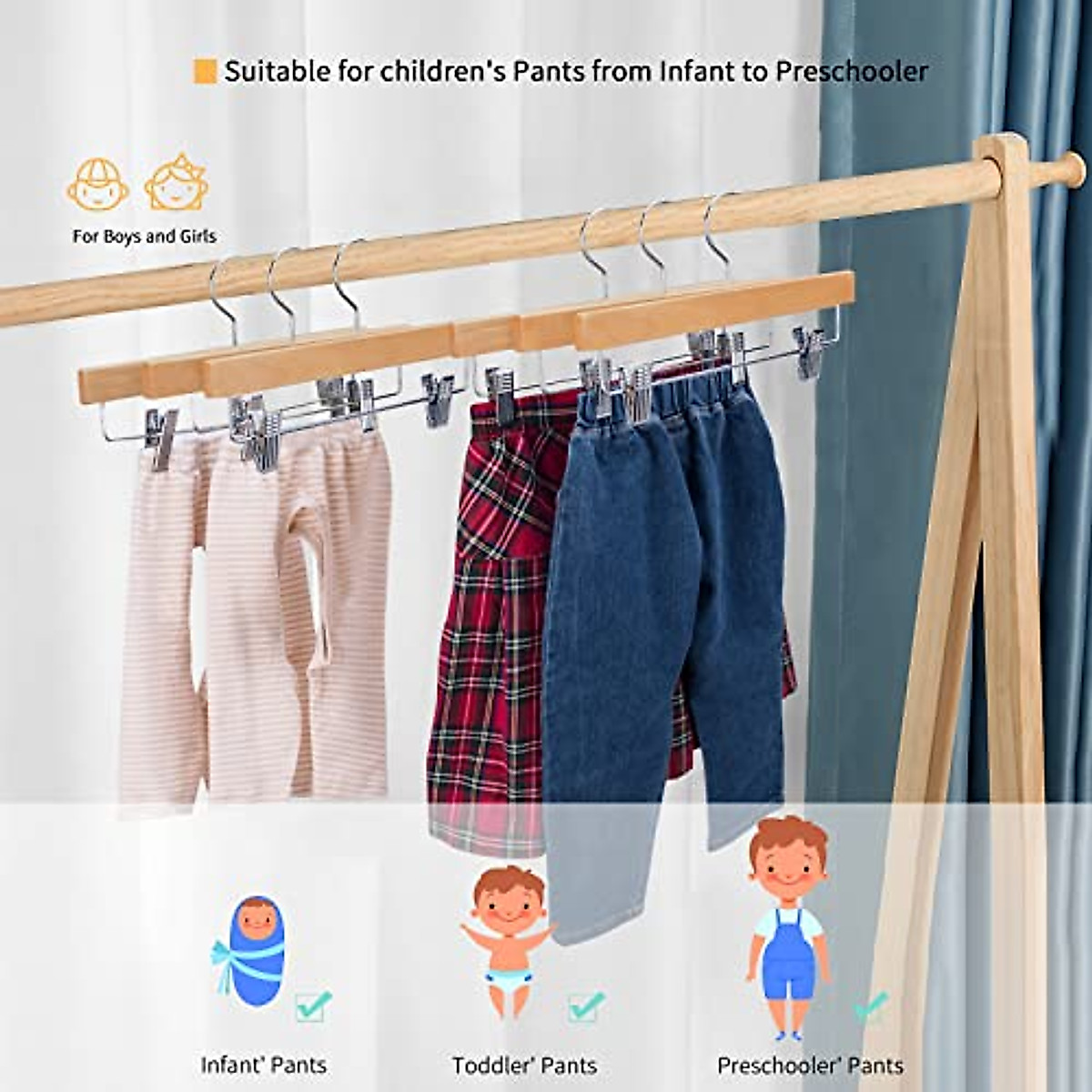 Nature Smile Kids Solid Wooden Pants Hangers,Baby Toddler Children Wood Skirts Hangers,Trousers Bottom 11.8 inches Hangers with 2-Adjustable Clips Anti-Rust Hook Pack of 20 (Natural)