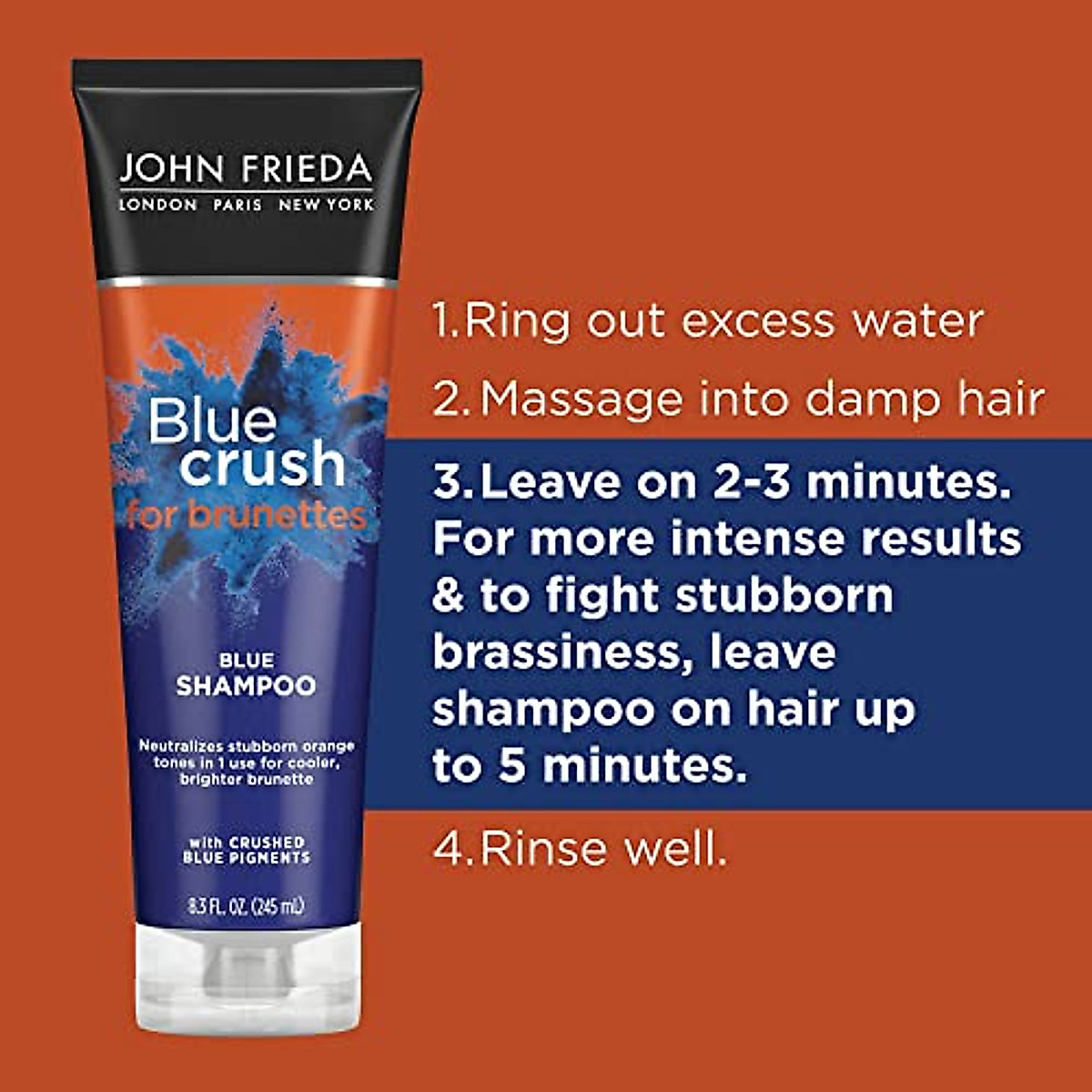 John Frieda Blue Crush Blue Shampoo and Conditioner Set for Brunettes, Crush Brassy Tones for Brunettes, 8.3 Fl Oz