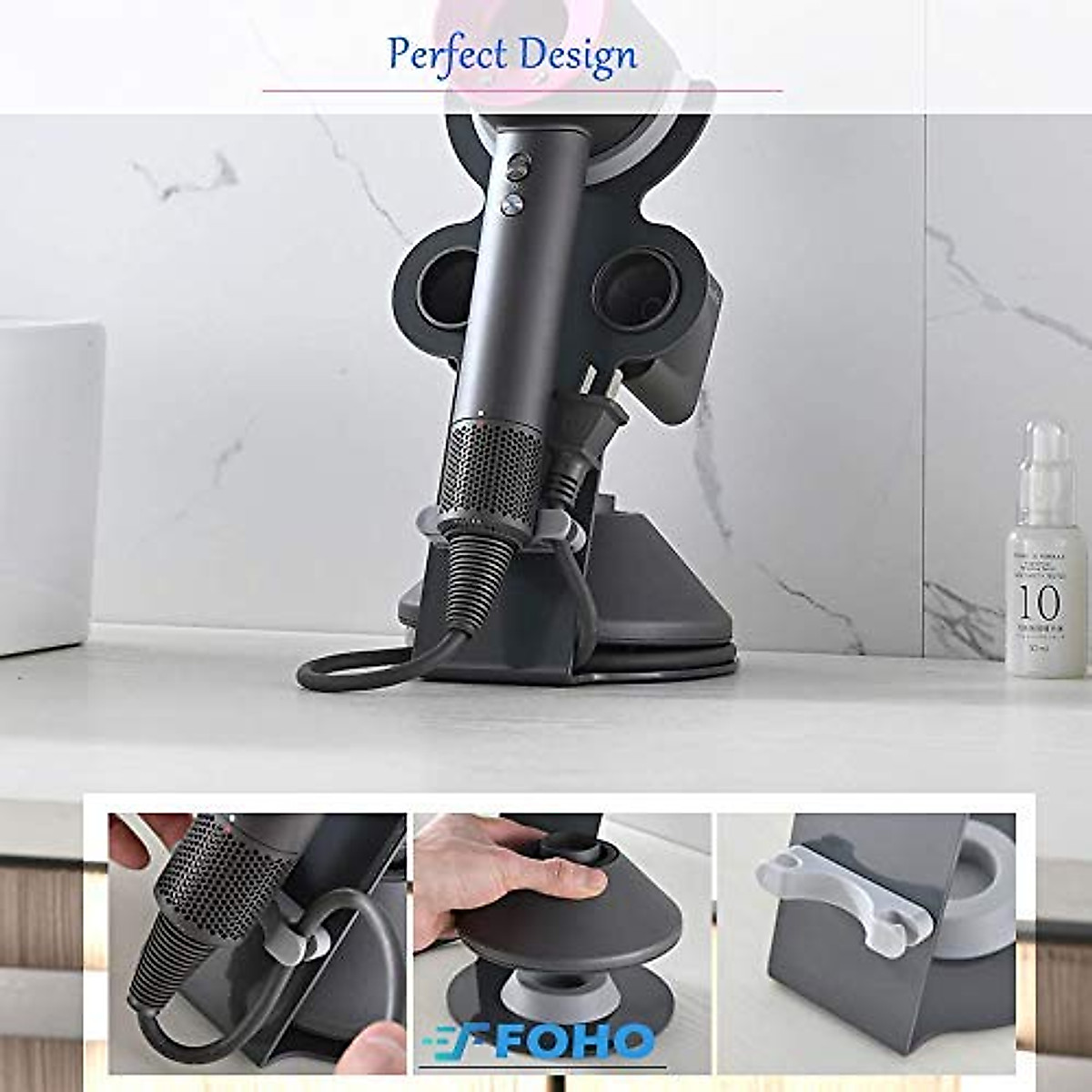 Hair Dryer Holder for Dyson Supersonic, Magnetic Stand Holder with Power Plug Cable Organizer, Aluminum Alloy Bracket, Bathroom Organizer for Dyson Supersonic Hair Dryer, Diffuser and Nozzles