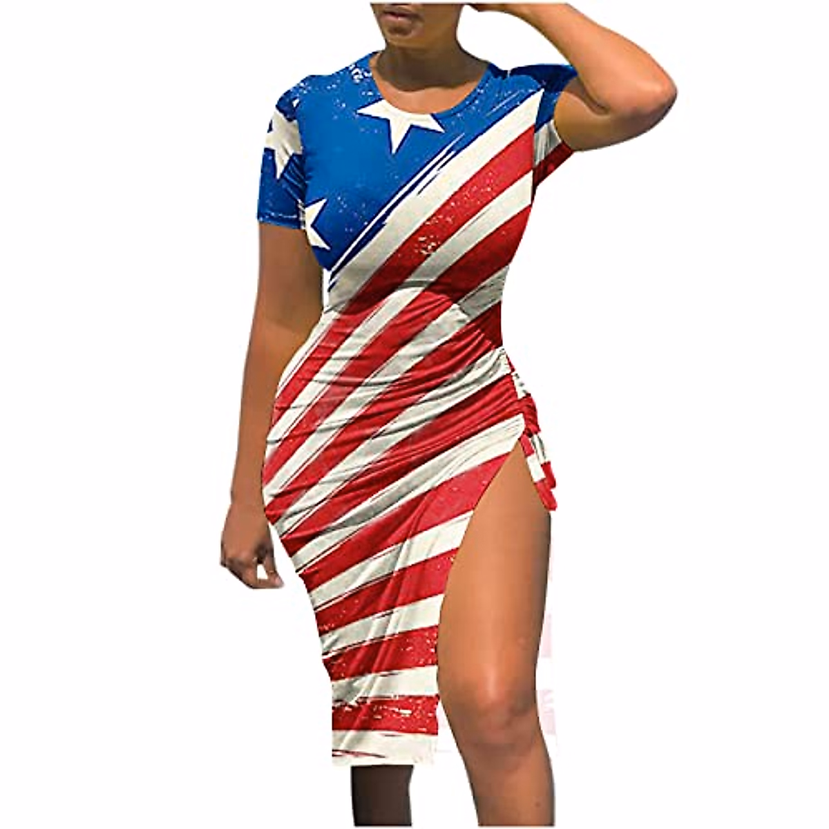 Ladies Midi Dress Drawstring Summer Patriotic Comfortable Short Sleeve Independence Day Print Mini Dresses Red