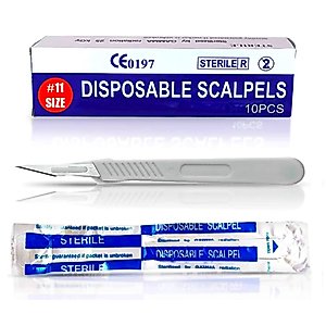 MedHelp Disposable Scalpel 11 Disposable Dermaplaning Blades with Plastic Handle, High Carbon Steel Dermablade Surgical Blades. Individually Wrapped 11 Blade, Sterile - Box of 10