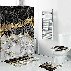 4Pcs Black Marble Shower Curtains Sets with 12 Hooks,Bathroom Curtains Shower Set Toilet Mat Lid Rug,Bathroom Sets Shower Curtain Sets and Rugs and Accessories,72x72 inch