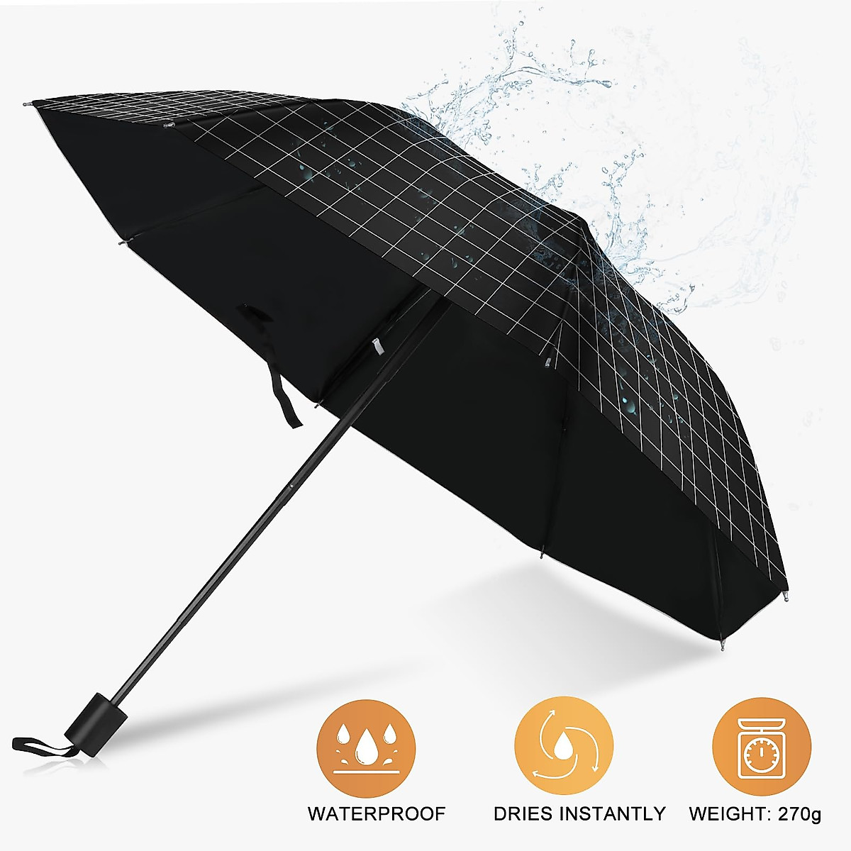 BUKPUD Large Compact Travel Umbrella, Windproof Waterproof Stick Umbrella Anti-UV Protection, Three Folding Umbrella for Backpack - Portable Black Folding Umbrella for Men and Women Kids Adults