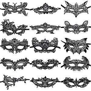 CNYMANY 15 Packs Women's Sexy Flexible Lace Masks Eye-mask for Ball Party Venetian Masquerade Costume - Black