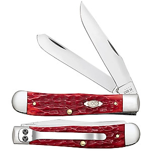 WR Case XX Pocket Knife Item 31957 TRAPPER - DARK RED BONE CS - PEACH SEED JIG W/POCKET CLIP, CLIP AND SPEY BLADES Length Closed: 4 1/8
