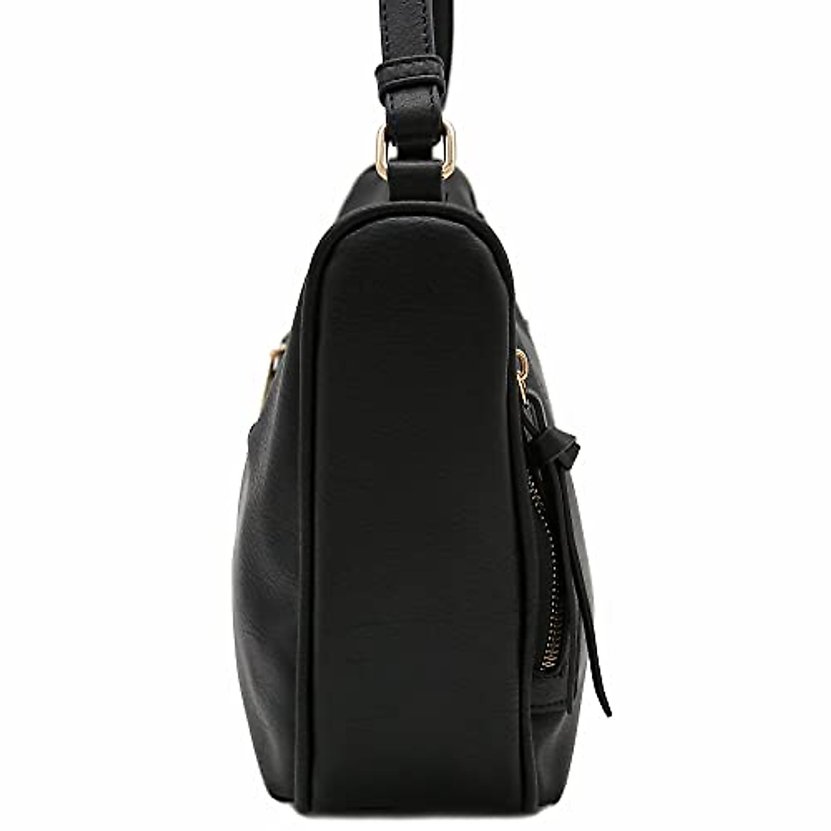 FashionPuzzle Faux Leather Two Front Zipper Pocket Crossbody Saddle Bag (Black) One Size