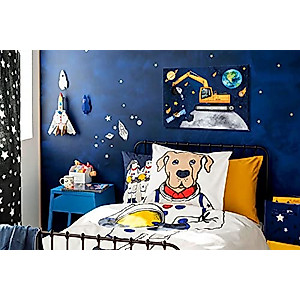 HLNIUC Outer Space Room Wall Art, Space Theme Posters Astronaut Construction Canvas Prints (12”X16”,Framed), Planet Stars Trucks Universe Art Print For Kids Boys room Playroom Decor-Ready To Hang