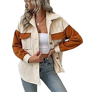 SOMTHRON Women's Fleece Cardigan Long Sleeve Shacket Sherpa Shirt Jacket Patchwork Button Down Lapel Collar Blouses Tops AP-L