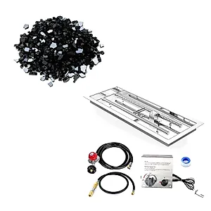 Grisun Fire Glass with Drop-in Fire Pit Kit 24 x 8 Inch, H-Shape Burner with Tray, Come with Upgraded Spark Ignition Kit for Gas Fire Pit, Fire Table