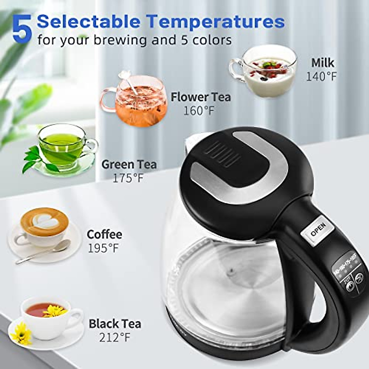 TUMIDY 1.7L Glass Electric Kettle Temperature Control Hot Water Boiler with 5 Colors LED Indicator and Keep Warm Function, 90°Open Fast Boil Auto Shut-Off Tea Heater Stainless Steel Inner Lid & Bottom