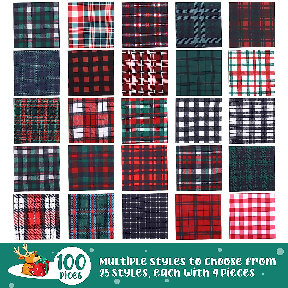 Preboun 100 Pcs 5 x 5 Inches Christmas Plaid Buffalo Check Fabric 25 Styles Buffalo Plaid Fabric Squares Polyester Fabric Scraps Quilting Squares for DIY Christmas Sewing Quilting Patchwork