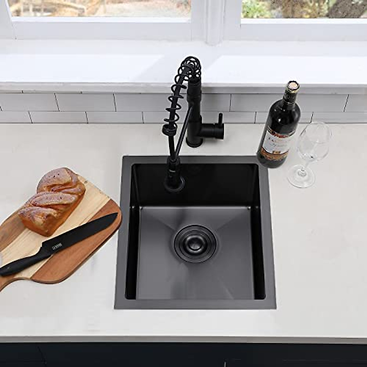 VCCUCINE Black Bar Sink, 15x17 Inch Small Bar Sink,Undermount Wet Bar Sink Small Rv Sink, T-304 Stainless Steel Kitchen Sink with Sink Protector and Drain Assembly…