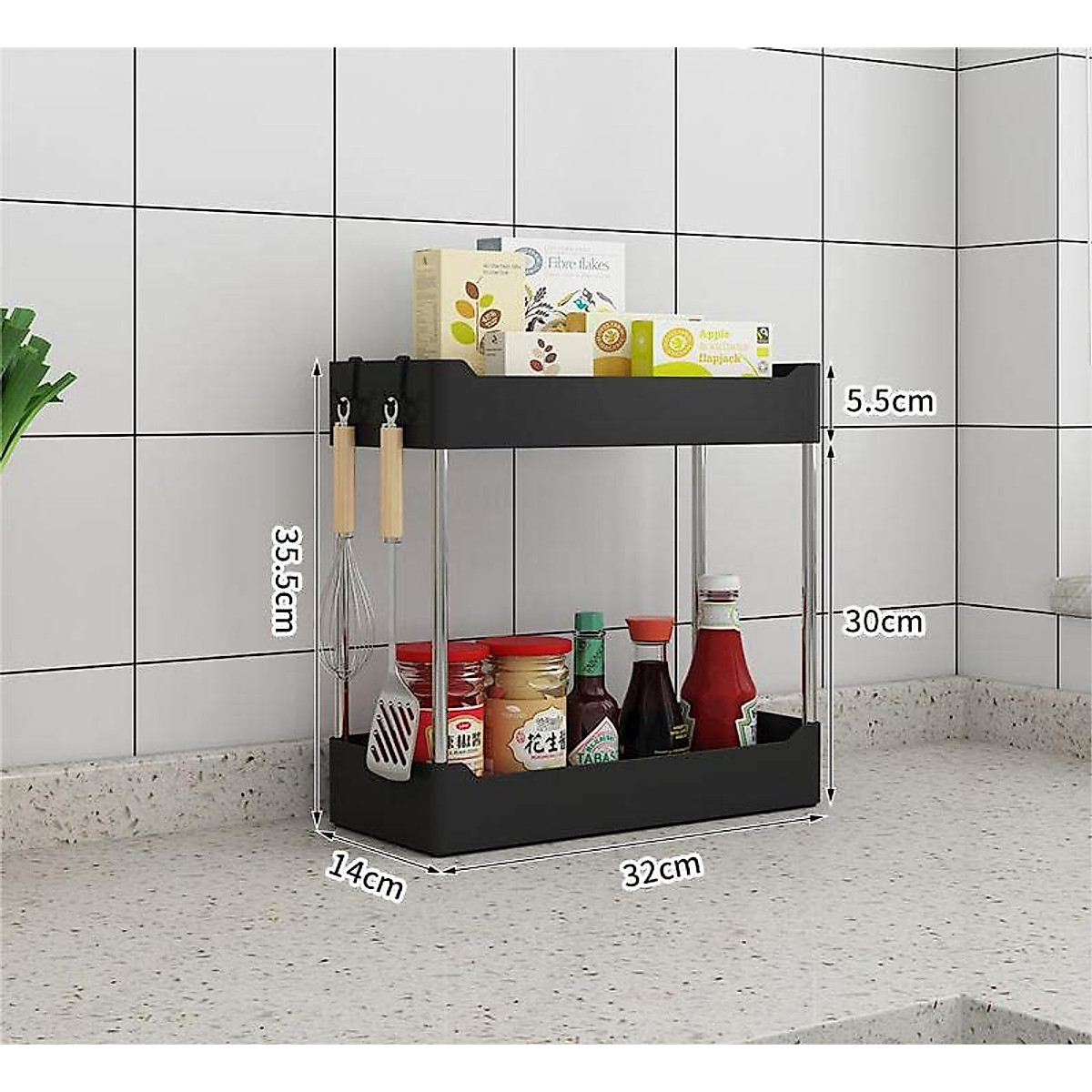 3 Tier Under Sink Organizers and Storage, Kitchen Bathroom Cabinet Organizer with Hooks,Cabinet Basket Storage Shelf,White