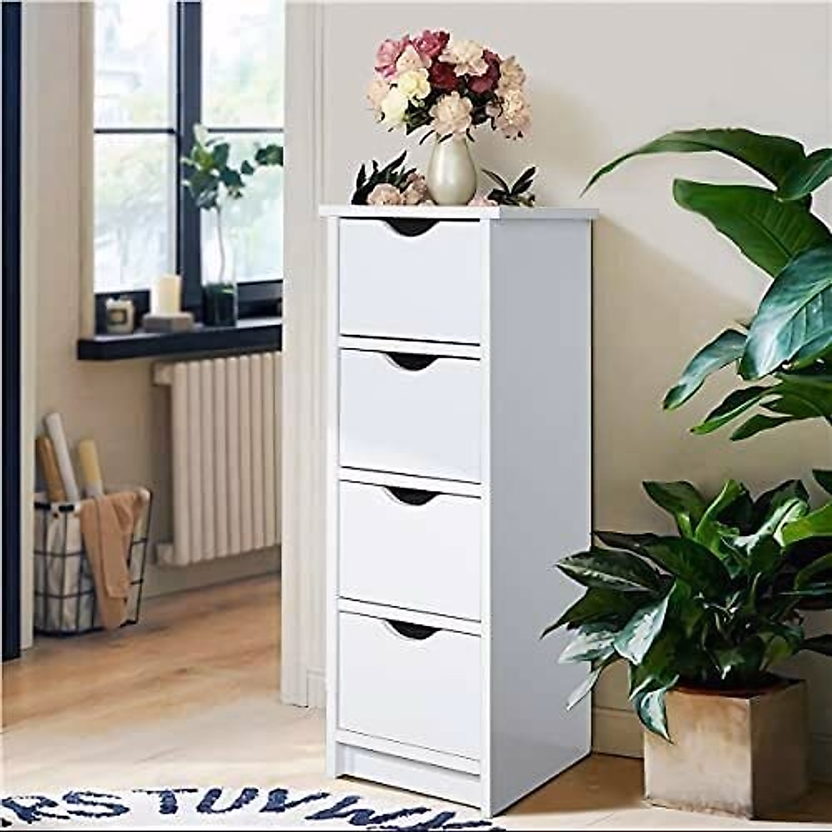 MAXCBD Nightstand Bedside Table Drawer Cabinet Floor Cabinets Storage with 4 Drawers for Bathroom Laundry Room Bedroom Fashion Pure Matt White Sleek Design Appearance Storage Tower Dresser