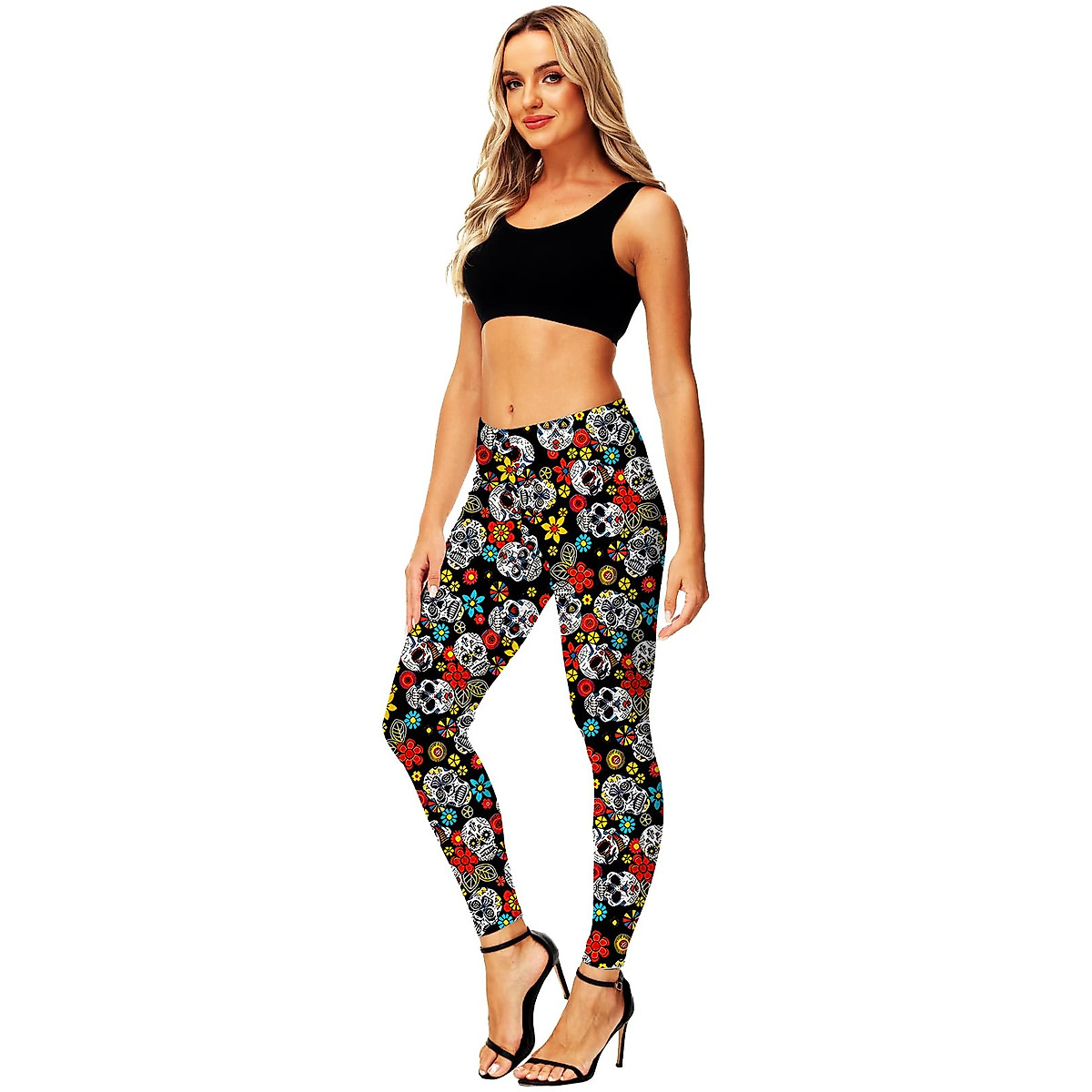 AOBUTE Women's Halloween Leggings Scary Skull Printed High Waist Yoga Pants Day of The Dead Tights L