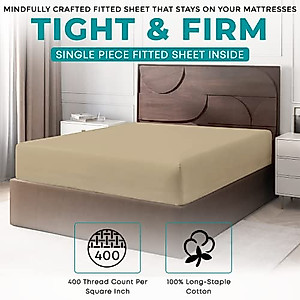 Feather & Stitch 100% Cotton King Size Fitted Sheet, 400TC Sateen Weave Bottom Shee, 17" Elastic Deep Pocket Breathable Durable Sheet|Hotel Luxury Decor|Beige