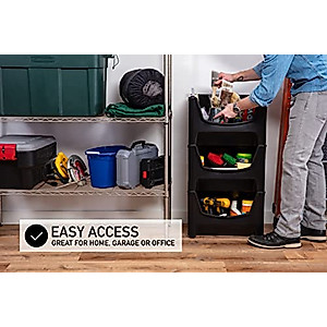 Mighty Tuff Jumbo Stackable Storage Bins, Pack of 3, Easy-Access Storage, Large Easy-To-Grip Handles, Wide Front Opening, Interlocking, Stack Vertically, Black