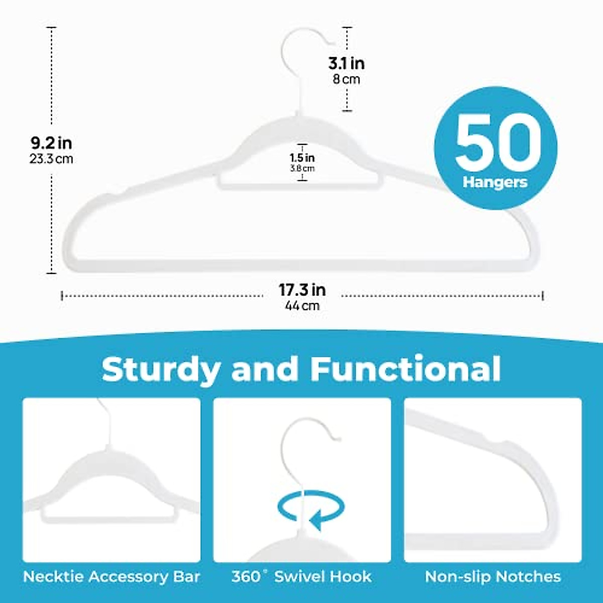 Fontaines Luxury White Velvet Felt Non Slip Clothes Hangers 50 Pack - Ultra Slim & Space Saving - Heavy Duty Swivel White Hook for Clothing, Suit, Top, Tie, Shirt, Skirt & Pant Organization