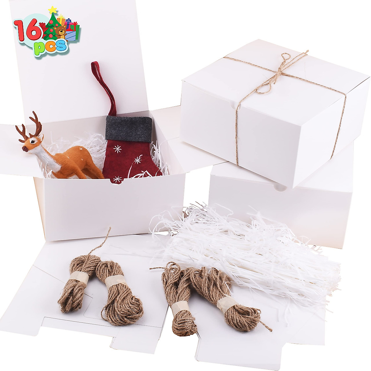 JOYIN 16 Pcs Christmas Kraft Gift Boxes, 8 x 8 x 4 In Easy Assemble Holiday Gifts Boxes with Grass Twines and Raffia Paper for Valentine's Day, Birthday, Wedding, Holiday Gift Wrapping