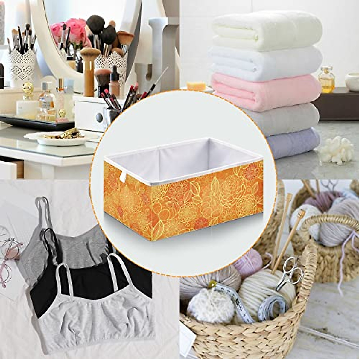Orange and Golden Flowers Storage Bins Cubes Storage Baskets Fabric Foldable Collapsible Decorative Storage Bag with Handles for Shelf Closet Bedroom Home Gift 11" x 11" x 11"