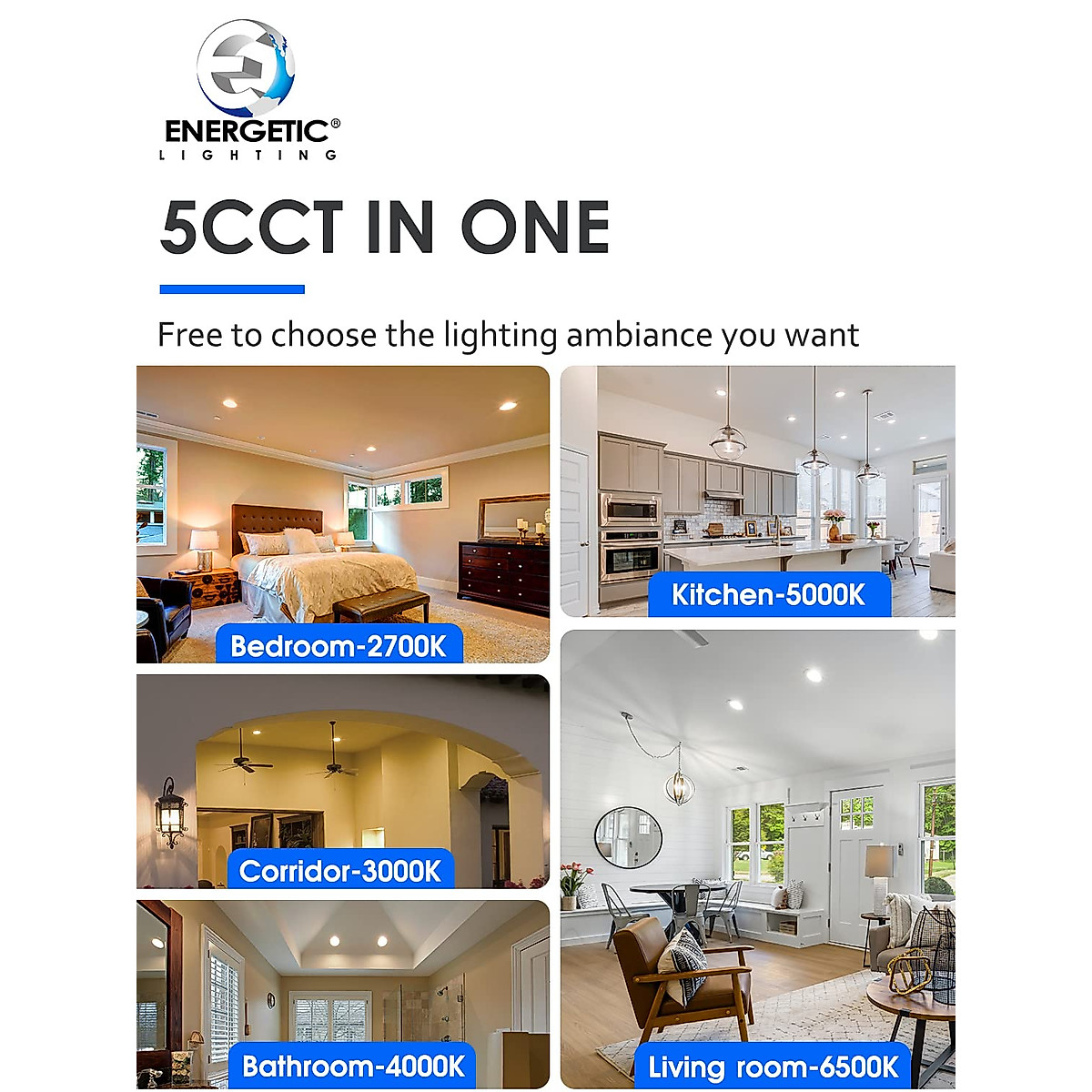 Energetic 5/6 Inch 5CCT LED Recessed Light, 2700K-6500K Selectable Downlight, Can Lights with Baffle Trim, CRI 90, Wet Rated, E26 Base, 10.5W=85W, Dimmable, Simple Retrofit Installation, ETL, 6 Pack