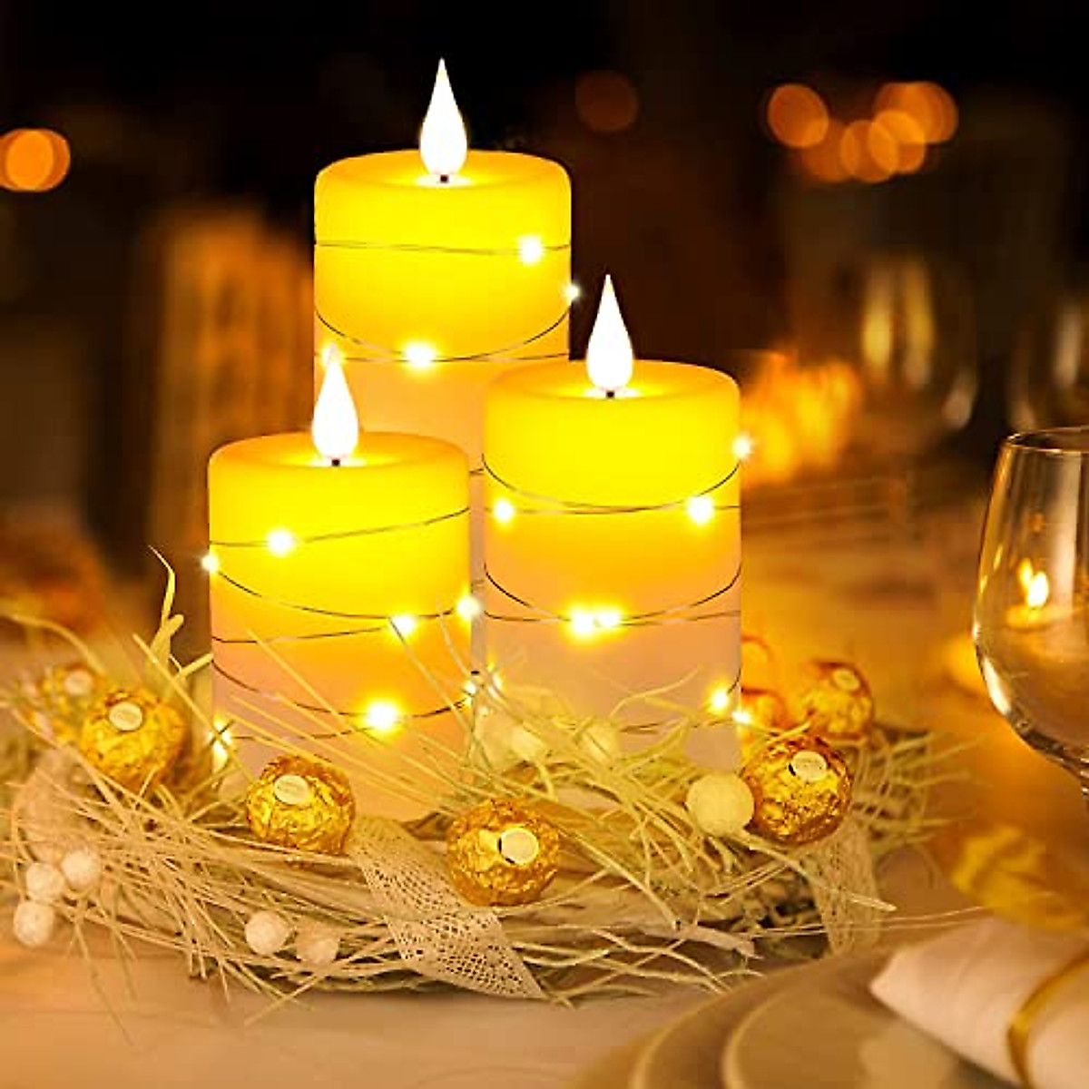 Won't Melt Flameless Candles,with Starry String Lights, Waterproof，Outdoor Indoor Battery Operated LED Candles with Remote Timers, Moving Flame, Ivory Paraffin Plating Plastic, Set of 3