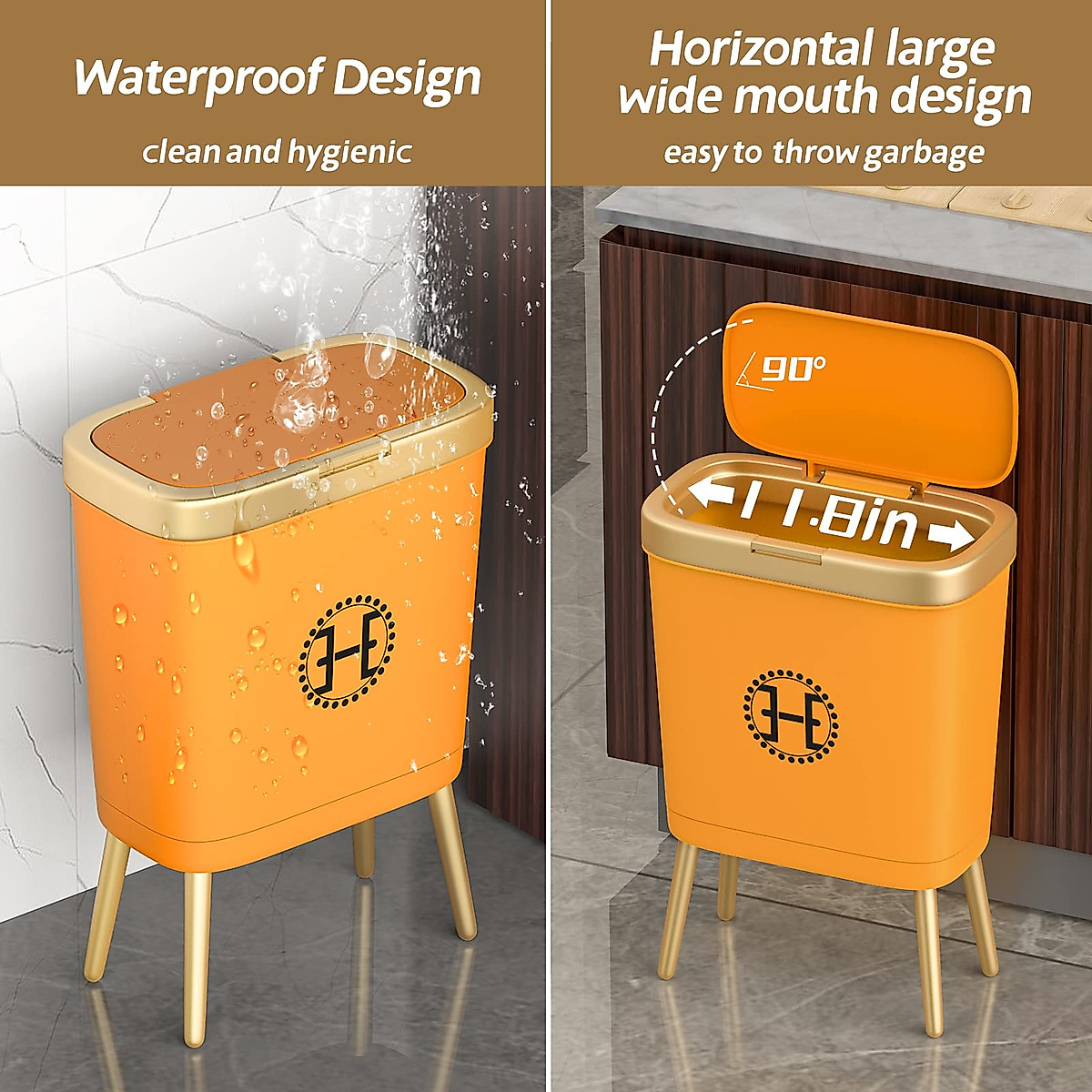 Bedroom Trash Can with Lid,Slim Bathroom Cans Lids, Dog Proof Press Top Lid,Modern Gold Plastic Waste Basket for Living Room, Office,Kitchen, 4 Gal-Orange