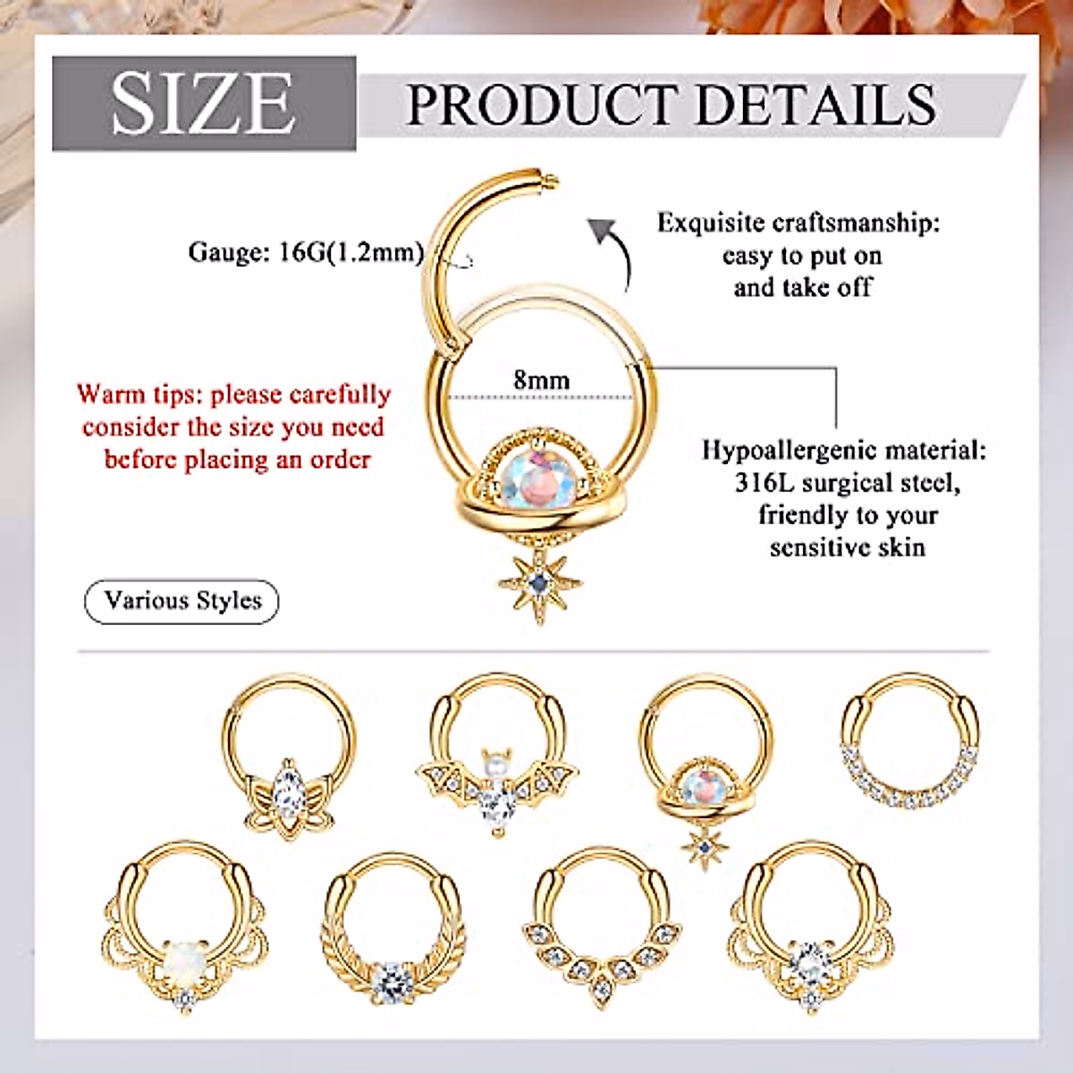 SAILIMUE 8Pcs 16G Septum Rings Daith Earrings Septum Piercing Jewelry 316L Stainless Steel CZ Opal Dangle Hinged Segment Septum Clicker Nose Rings Hoop Piercing Jewelry Gold 8MM