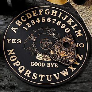 Keithwood 11.5’’ Black Spirit Board with Planchette Handmade Black Talking Board Game Spirit Board for Spirit Hunt, Witch Craft, Occult Practice - Magic Crystal Ball Pentagram Star in Hands