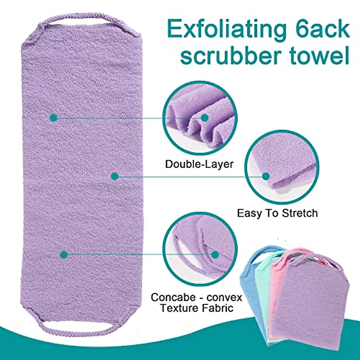 4 Pack Exfoliating Body Scrubber with Handles, Nylon Exfoliating Cloth Extended Length Back Scrubber Stretchable Pull Strap Shower Back Scrubber for Shower for Women&Men(4 Pack-Green+Blue+Purple+Pink)
