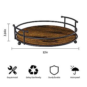 Honiter Wooden Serving Tray, Decorative Tray for for Coffee Table Centerpieces, Coffee Table Tray, Wood and Metal Serving Tray with Handles, Round Tray, Farmhouse Ottoman Tray for Kitchen Countertop