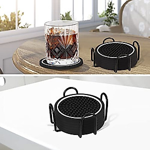 BARsics Drink Coasters Set, 3.75" Black Non-Slip PVC Coasters with Metal Wire Holder, Durable and Elegant Design for Kitchen, Home Bar, Restaurants Table (Pack of 6)