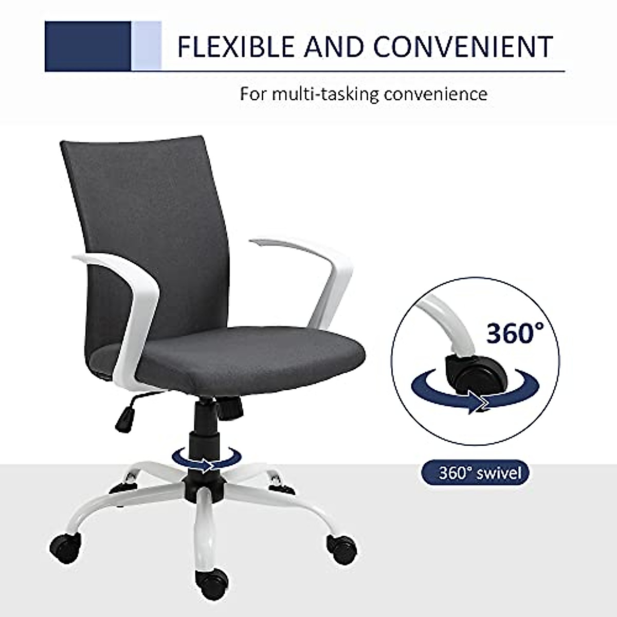 Vinsetto Mid Back Home Office Chair with Adjustable Height, High Armrests and Rocking Function, Dark Grey/White