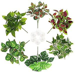 PINVNBY Reptile Terrarium Plants Hanging Artificial Lizards Habitat Climbing Decorations with Suction Cup Pets Tank Fake Green Plastic Ornament for Amphibians Bearded Dragons 6PCS