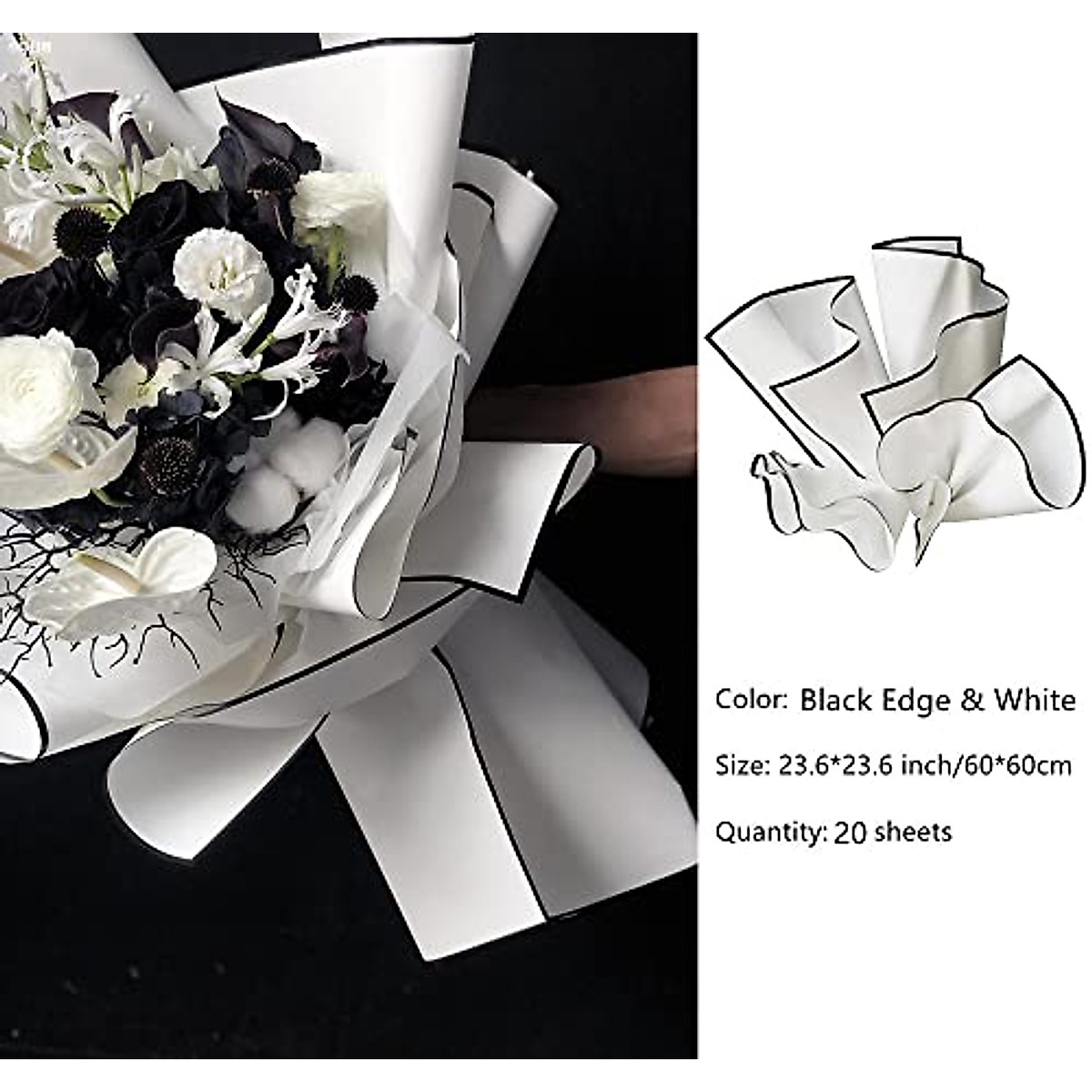 20 Sheets black and white border Flower Wrapping Paper Florist Bouquet Supplies Waterproof Thicken Floral Wrapping Paper Gift or Gift Box Packaging Paper 23 x 23 inch (Black Edge & White)